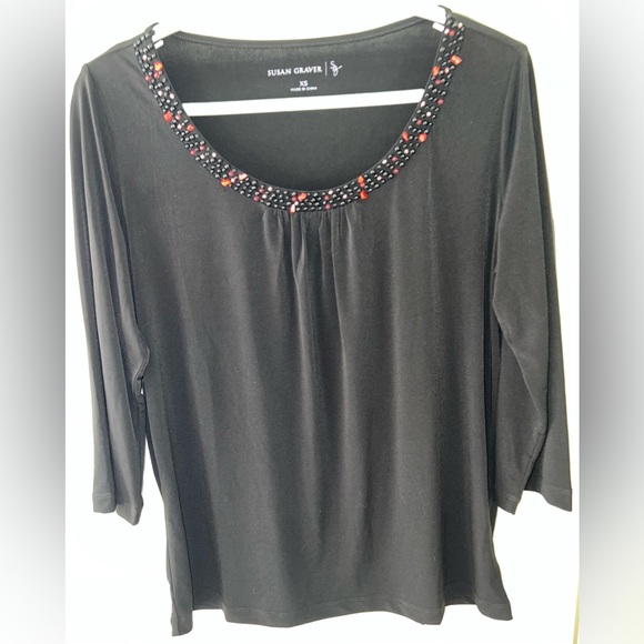 Susan Graver | Tops | Susan Graver Black Liquid Knit Beaded Neckline 34 ...